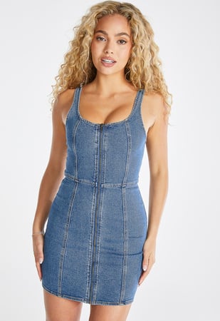 Zip Front Denim Mini Dress in Collective - Get great deals Zip Front Denim Mini Dress in Collective - Get great deals